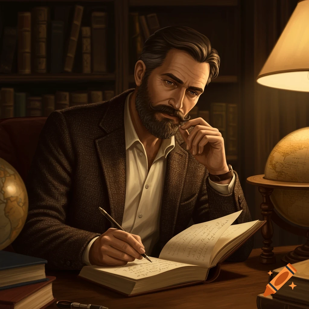 A man with a beard writes in a book at a desk in a dimly lit study. on ...