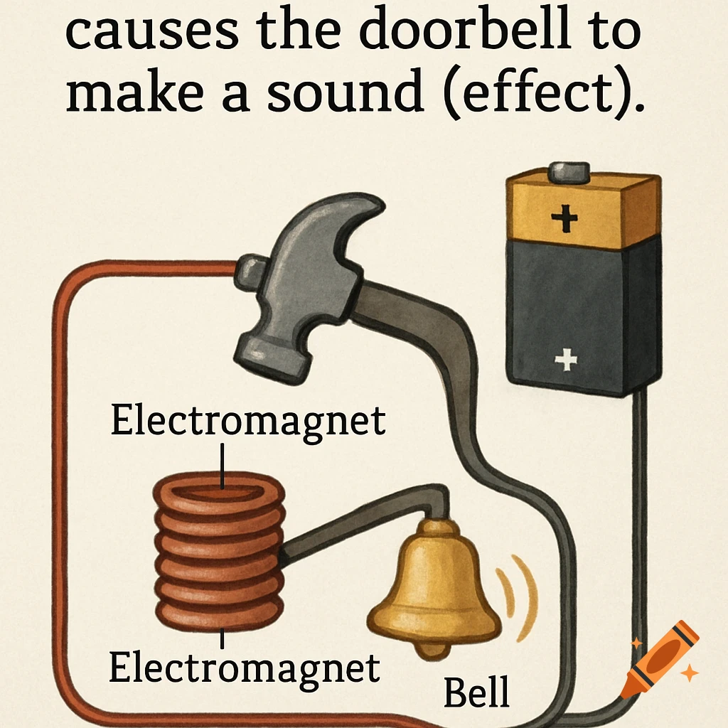 Diagram of a simple doorbell circuit showing a battery, electromagnet ...