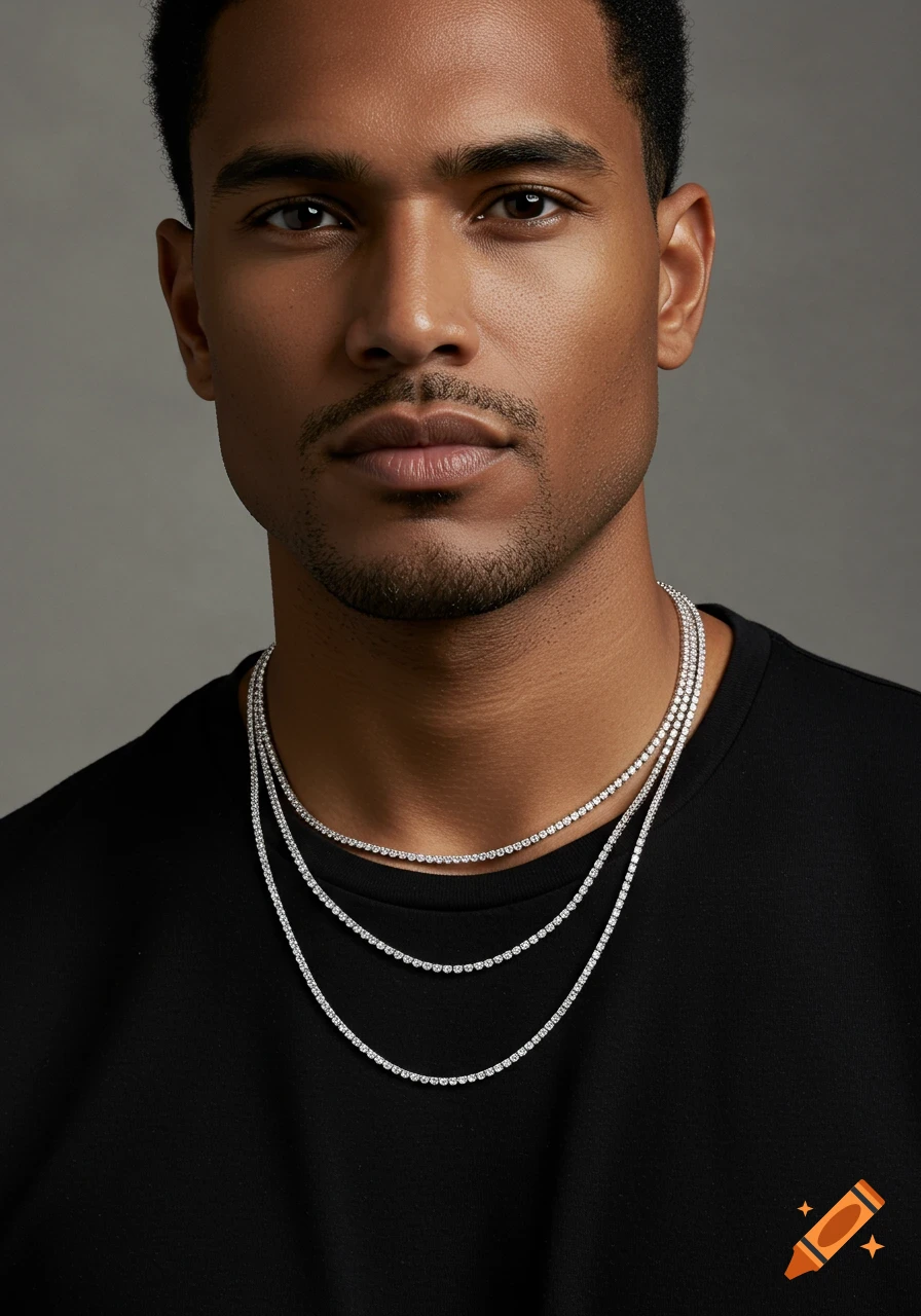 Close-up portrait of a male model wearing three diamond tennis ...