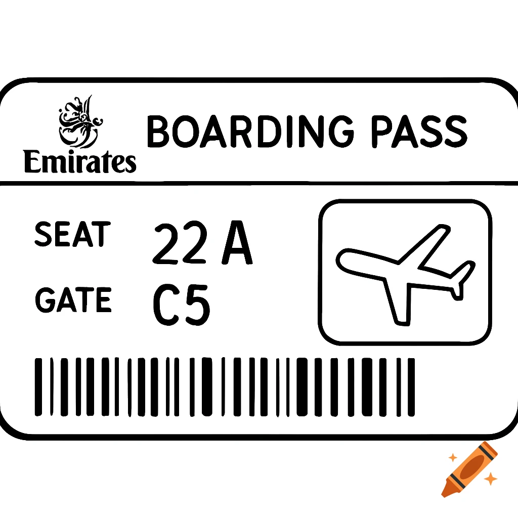 Black and white line drawing of an Emirates boarding pass with seat 22A ...