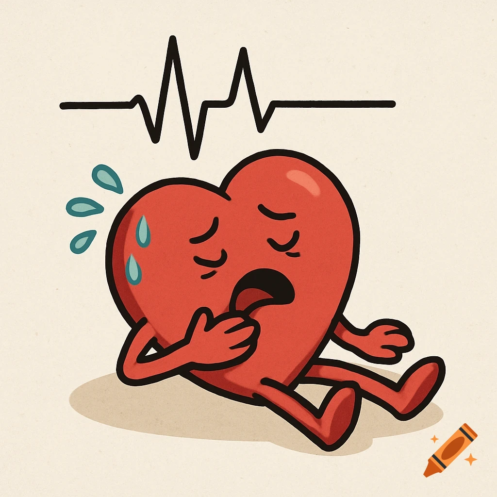 Cartoon heart character sweating and clutching its chest, with an ...