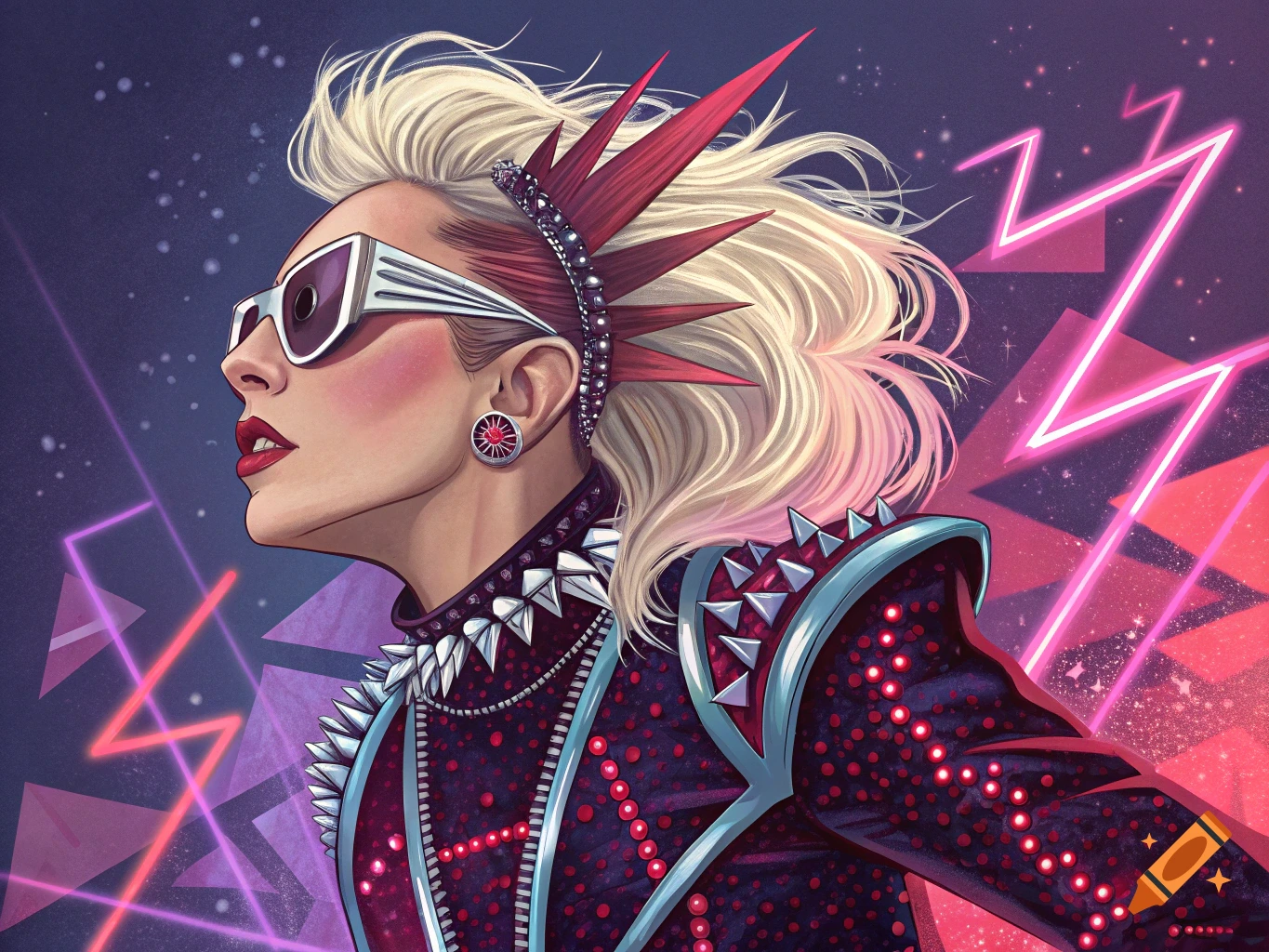 Stylized portrait of Lady Gaga in futuristic costume with synthwave ...