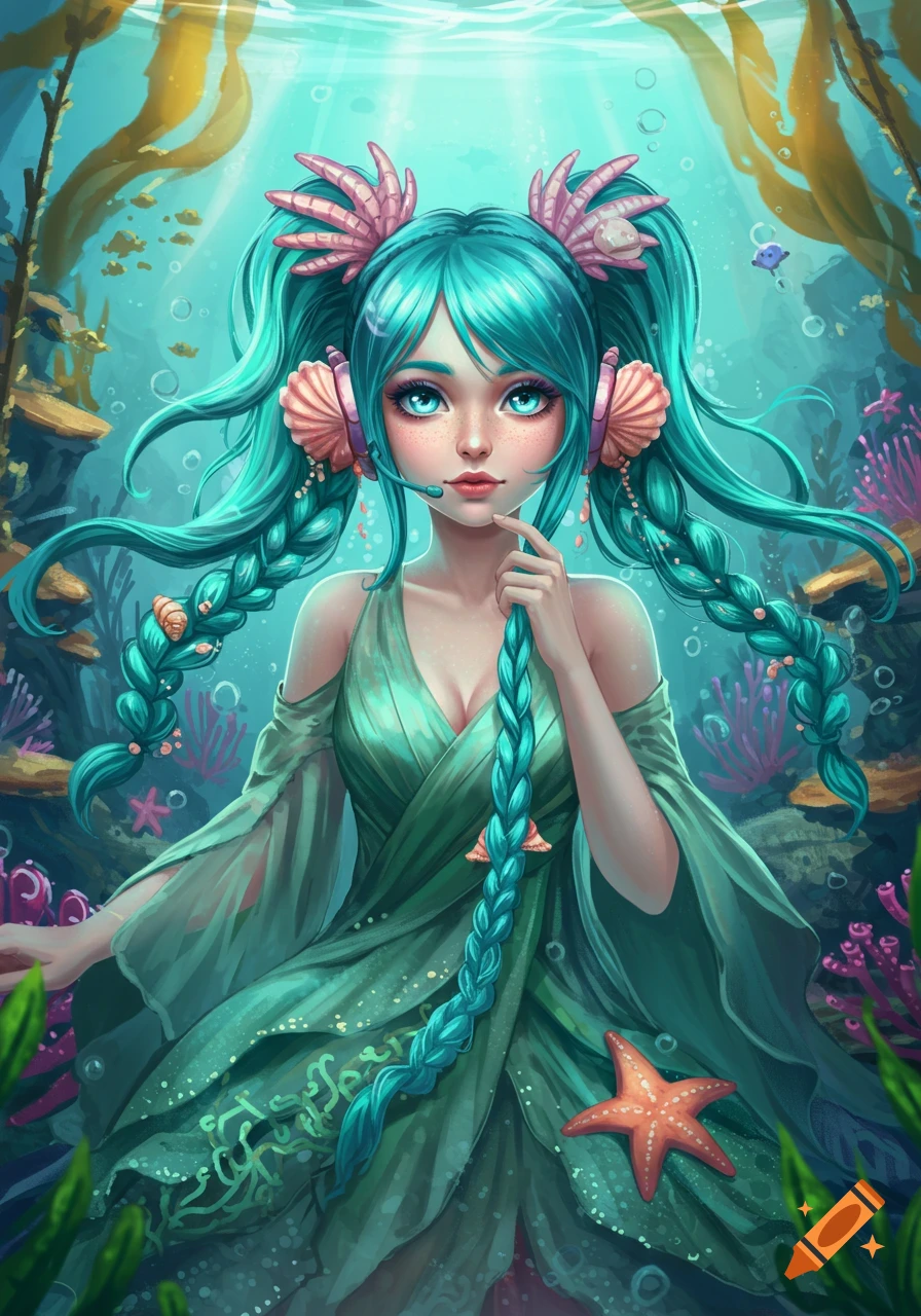 An illustration of a fantasy girl with teal hair, seashell headphones ...