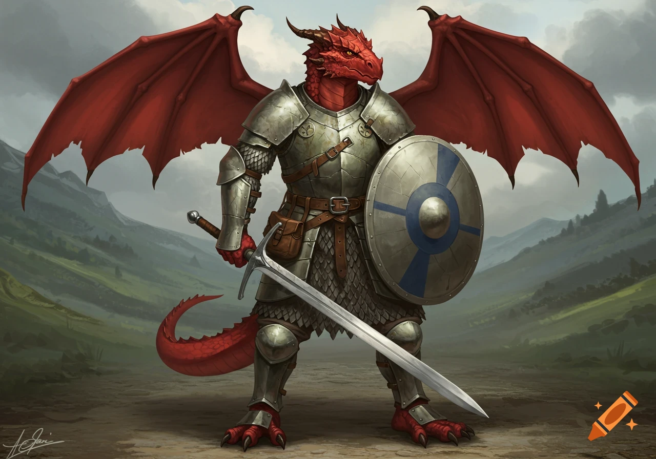 A red dragonborn in silver plate armor stands in a landscape, holding a sword and shield. on Craiyon