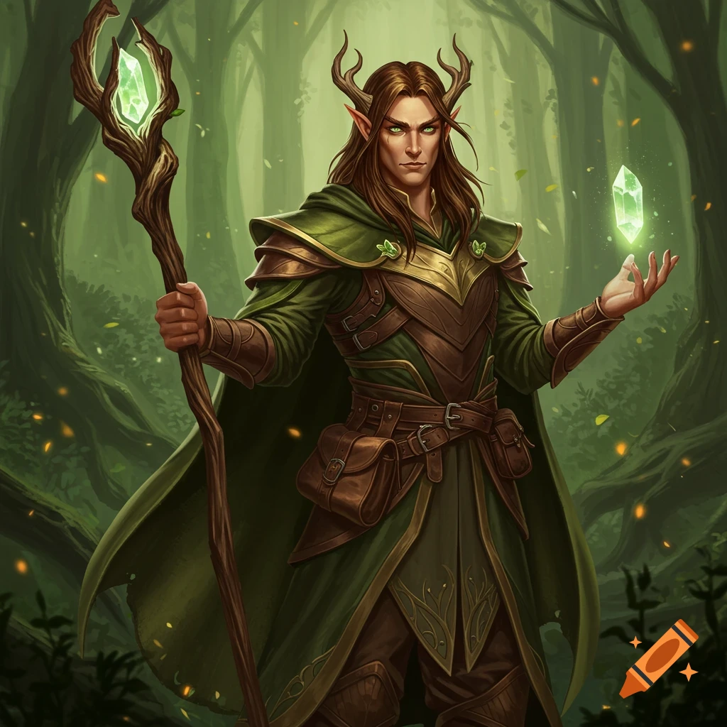 A male wood elf wizard with antlers holds a staff and a glowing crystal ...