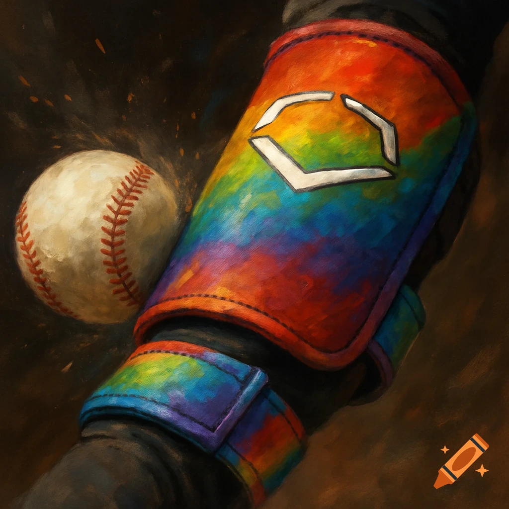 Close-up of a baseball hitting a rainbow-colored baseball elbow guard with a logo. on Craiyon