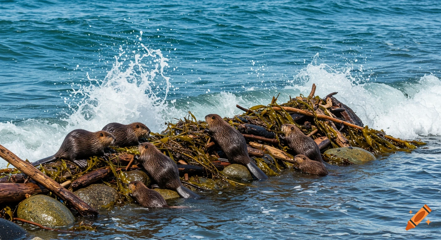 A family of beavers sits on driftwood and seaweed in the ocean waves ...
