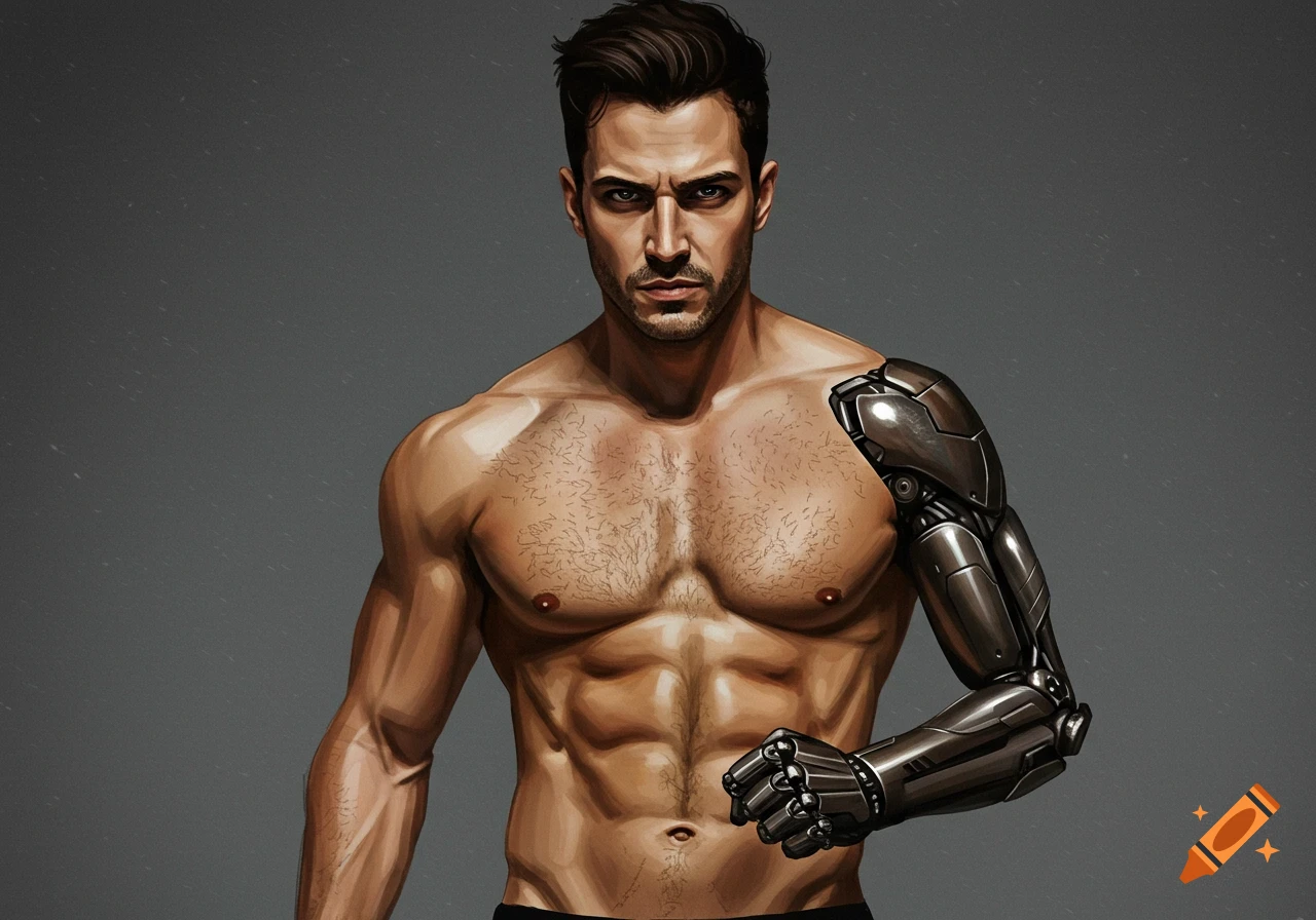 Illustration of a muscular man with a bionic arm. on Craiyon