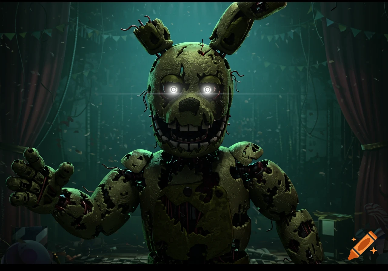 Creepy green animatronic rabbit Springtrap with glowing eyes stands in ...