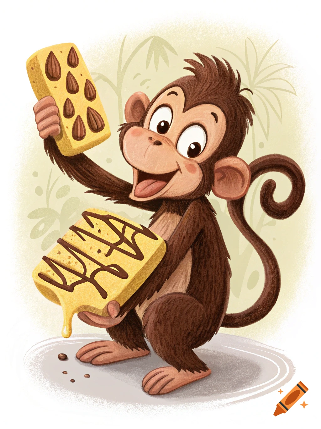 Cartoon monkey holding two pieces of sponge cake, one with almonds and ...
