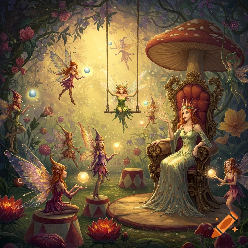 Multiple fairies in a magical forest, some flying, one on a throne ...