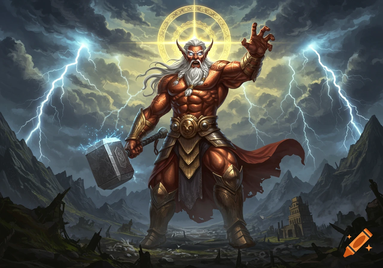 Powerful god-like figure with hammer and lightning in a mountainous ...