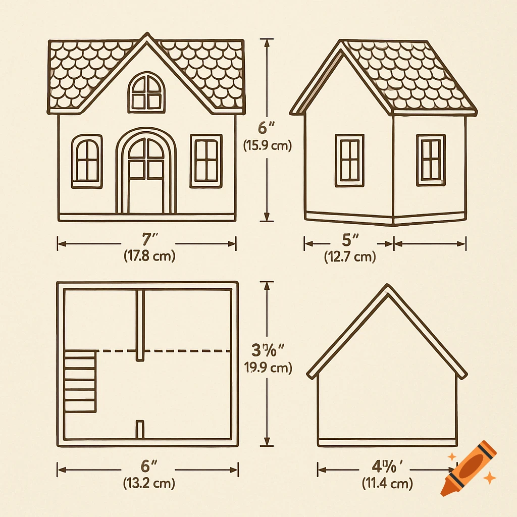 Technical diagrams showing front, side, and floor plan views of a ...