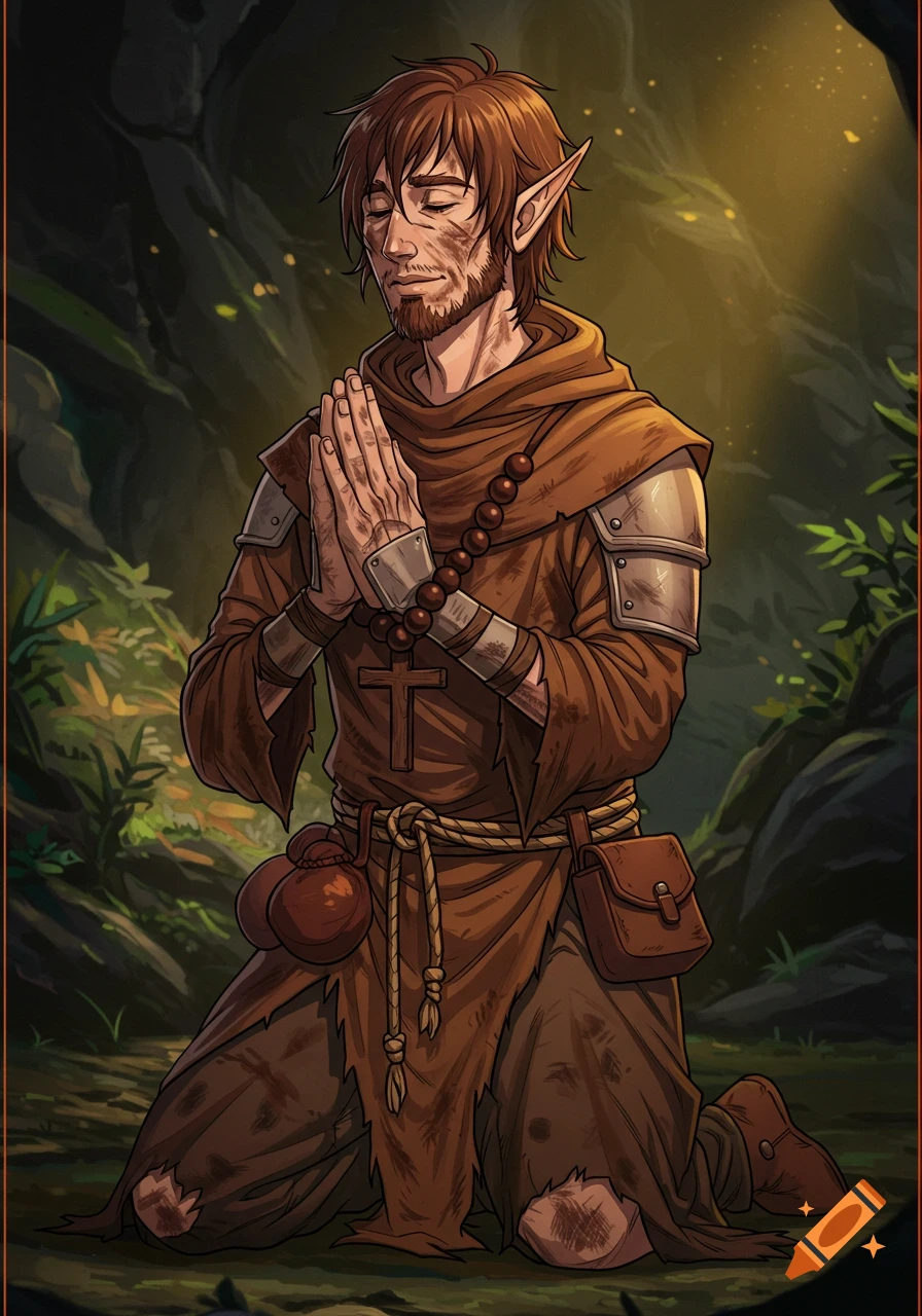 Anime style illustration of an Elf monk kneeling in prayer in a forest ...