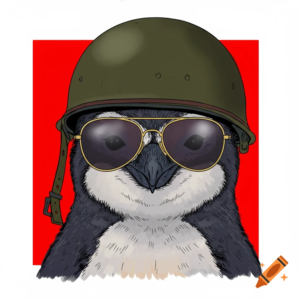 Illustration of a penguin wearing a military helmet and sunglasses. on ...
