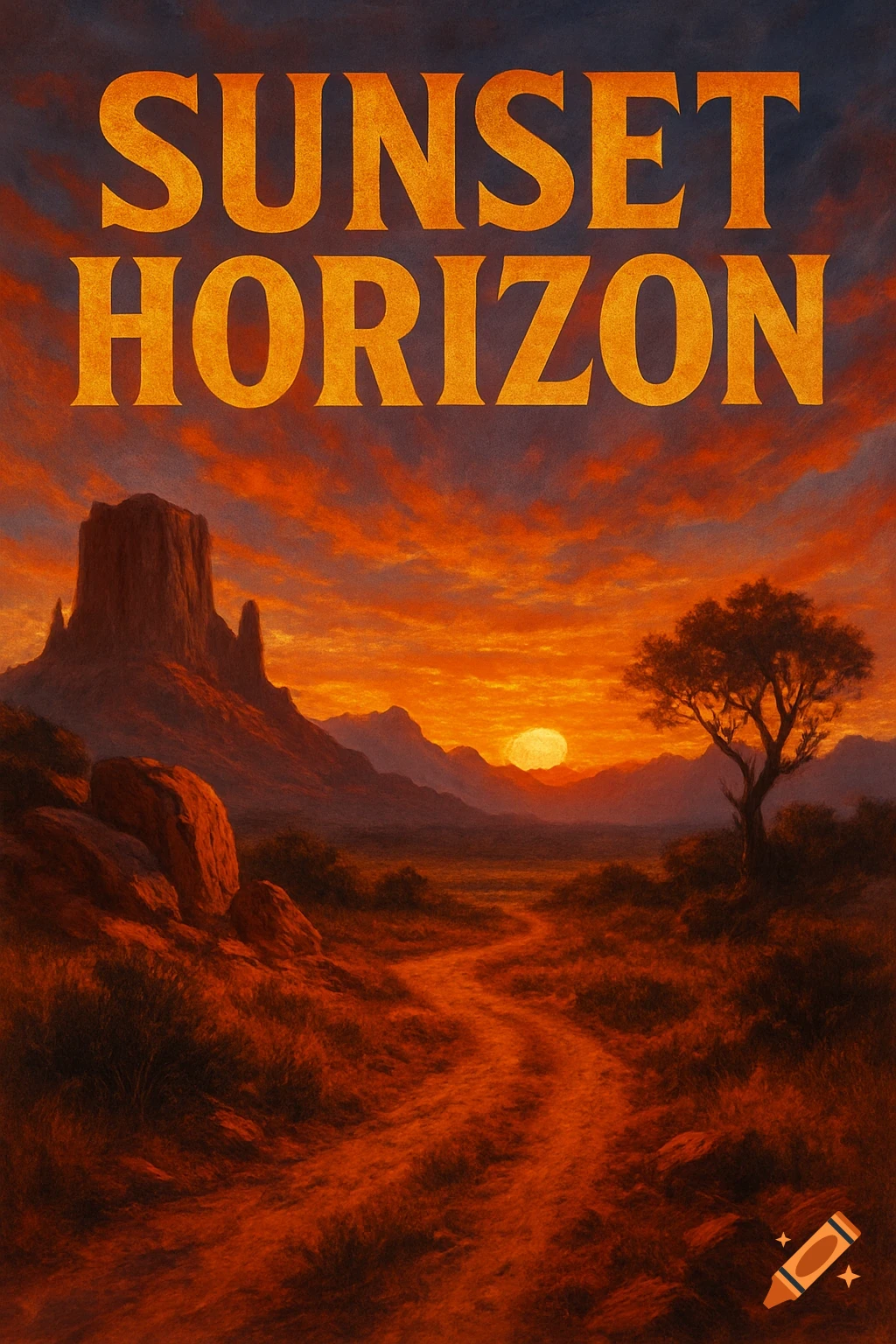 Movie poster style image of a desert landscape at sunset with mountains ...