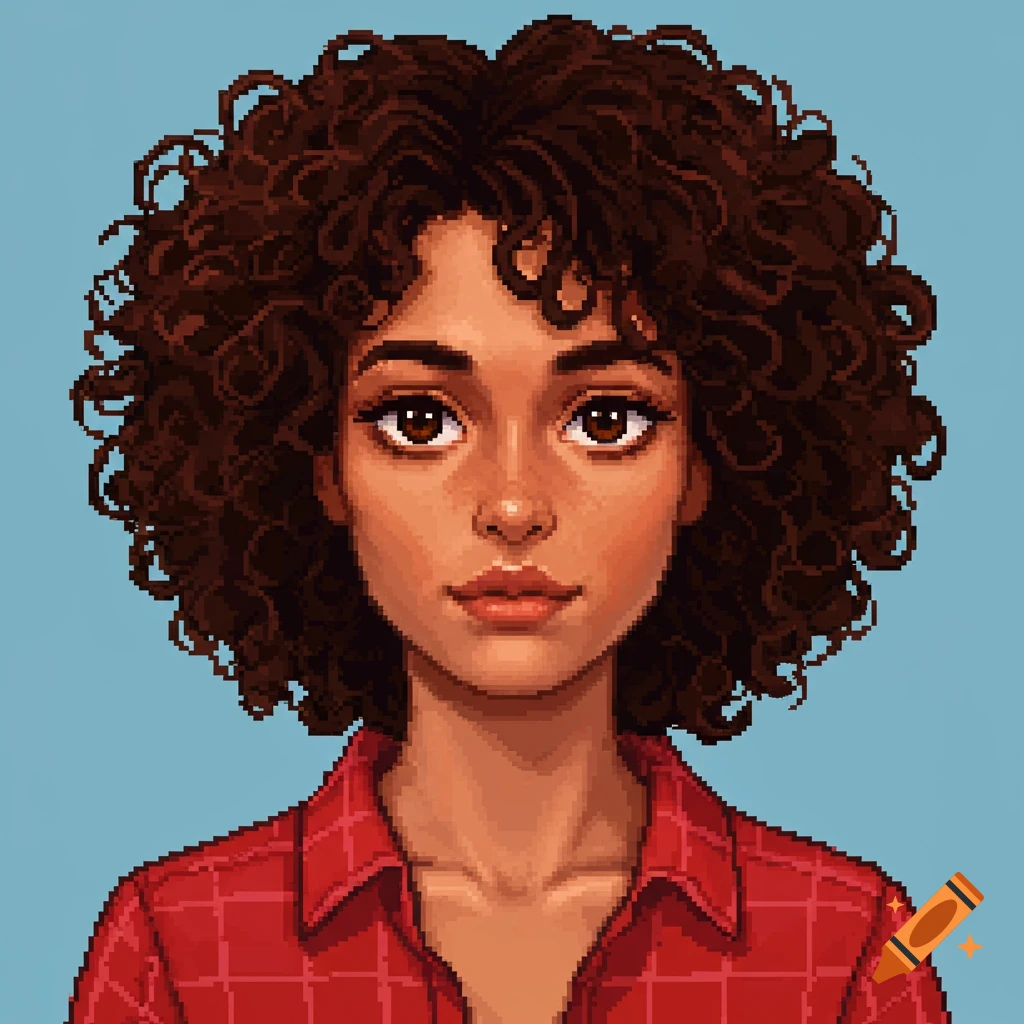 Pixel art portrait of a girl with curly brown hair in a red flannel ...