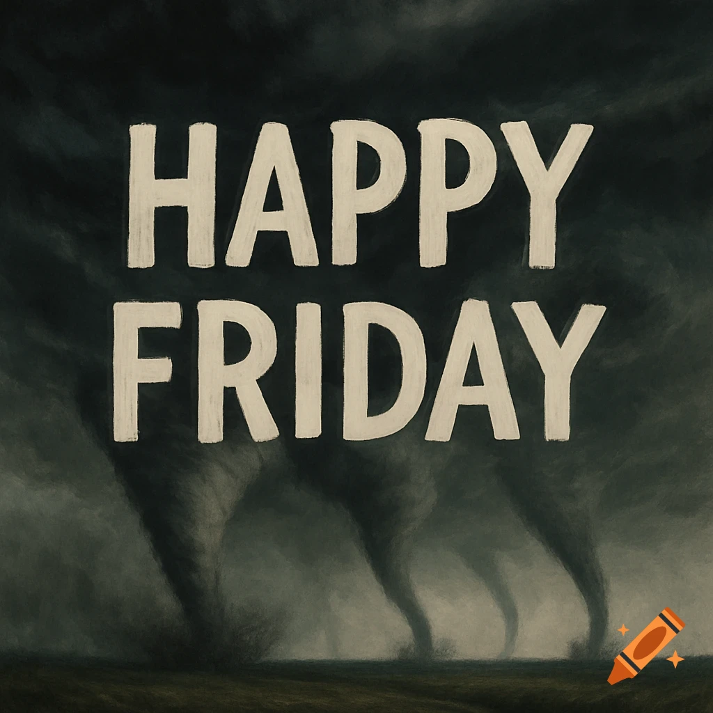 Text 'Happy Friday' above a stormy sky with multiple tornadoes, in a ...