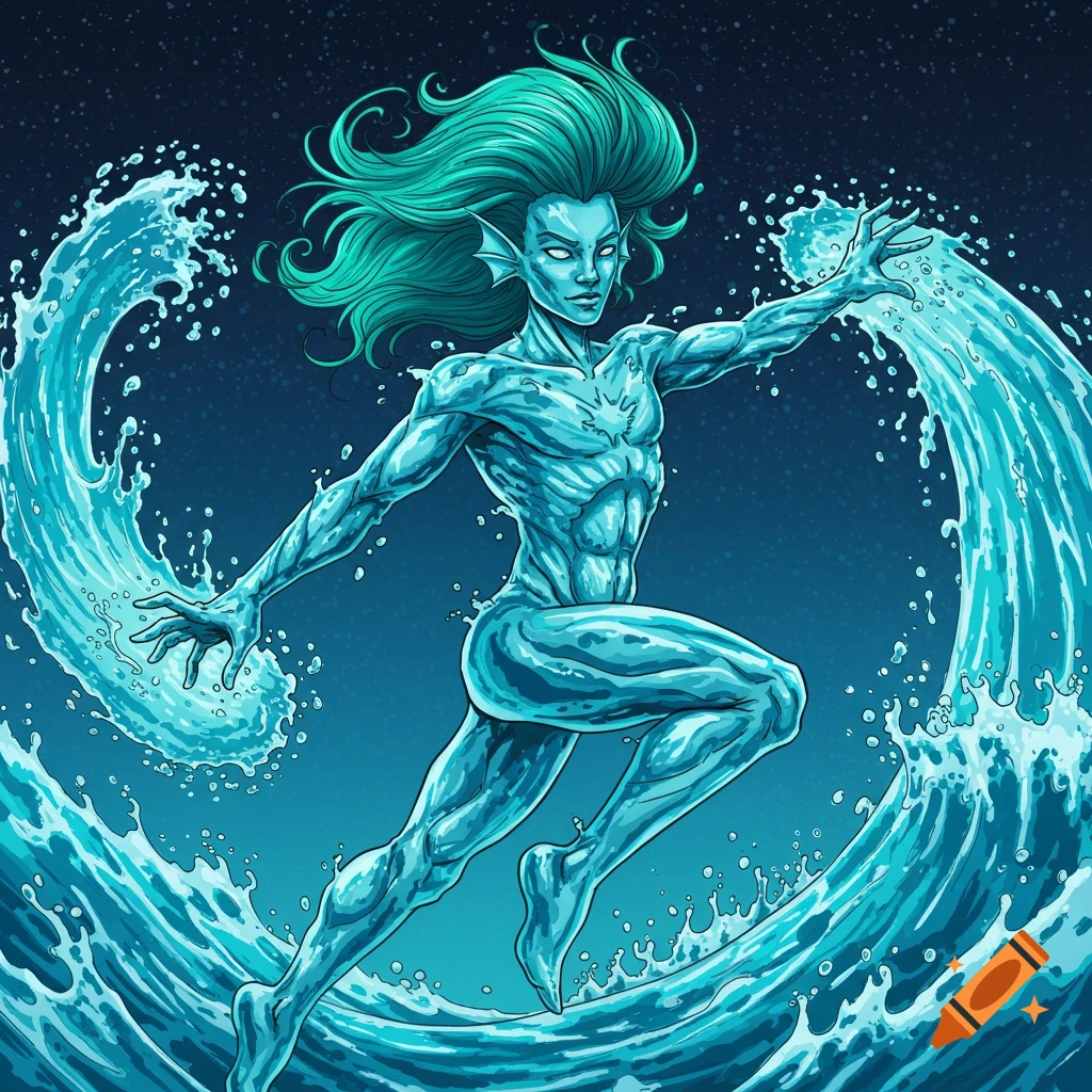 An illustration of a water superhero with aqua hair surrounded by ...