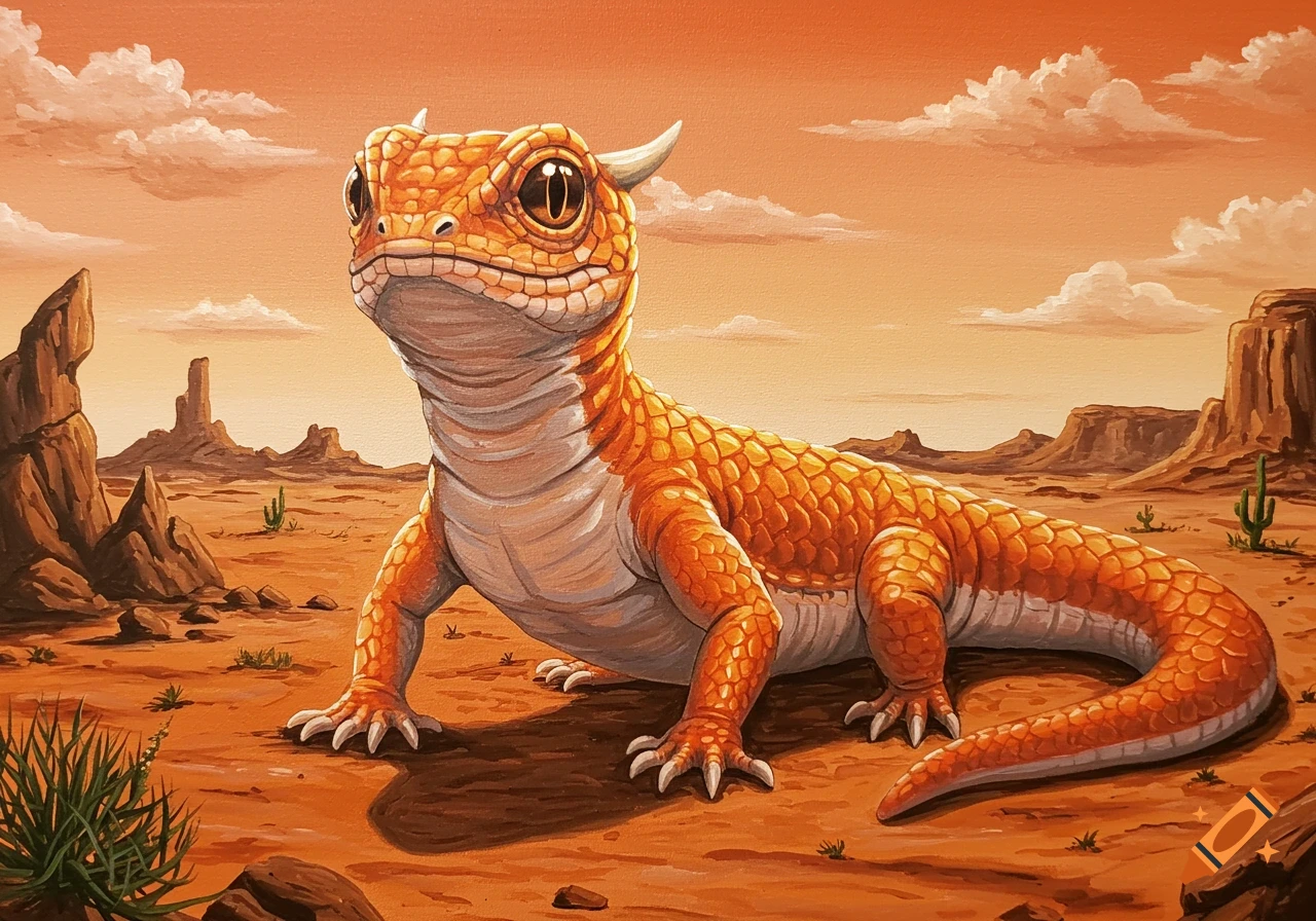 Acrylic paint illustration of an orange fantasy lizard in a desert ...