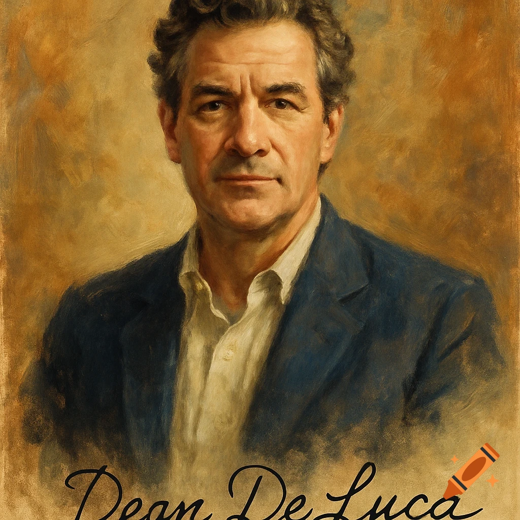 A painted portrait of a man with the name Dean De Luca signed at the ...