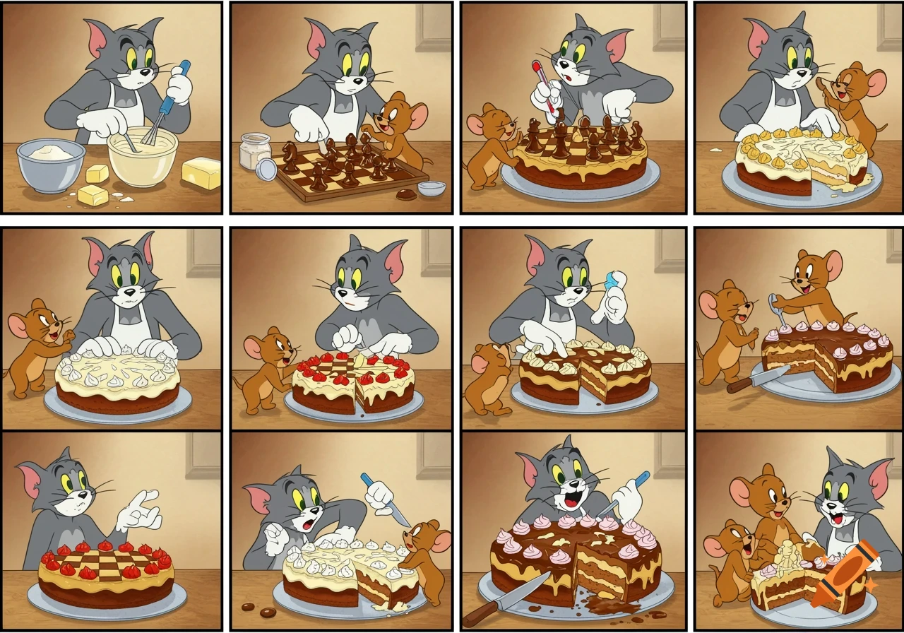 Cartoon comic strip showing Tom and Jerry making and eating a ...