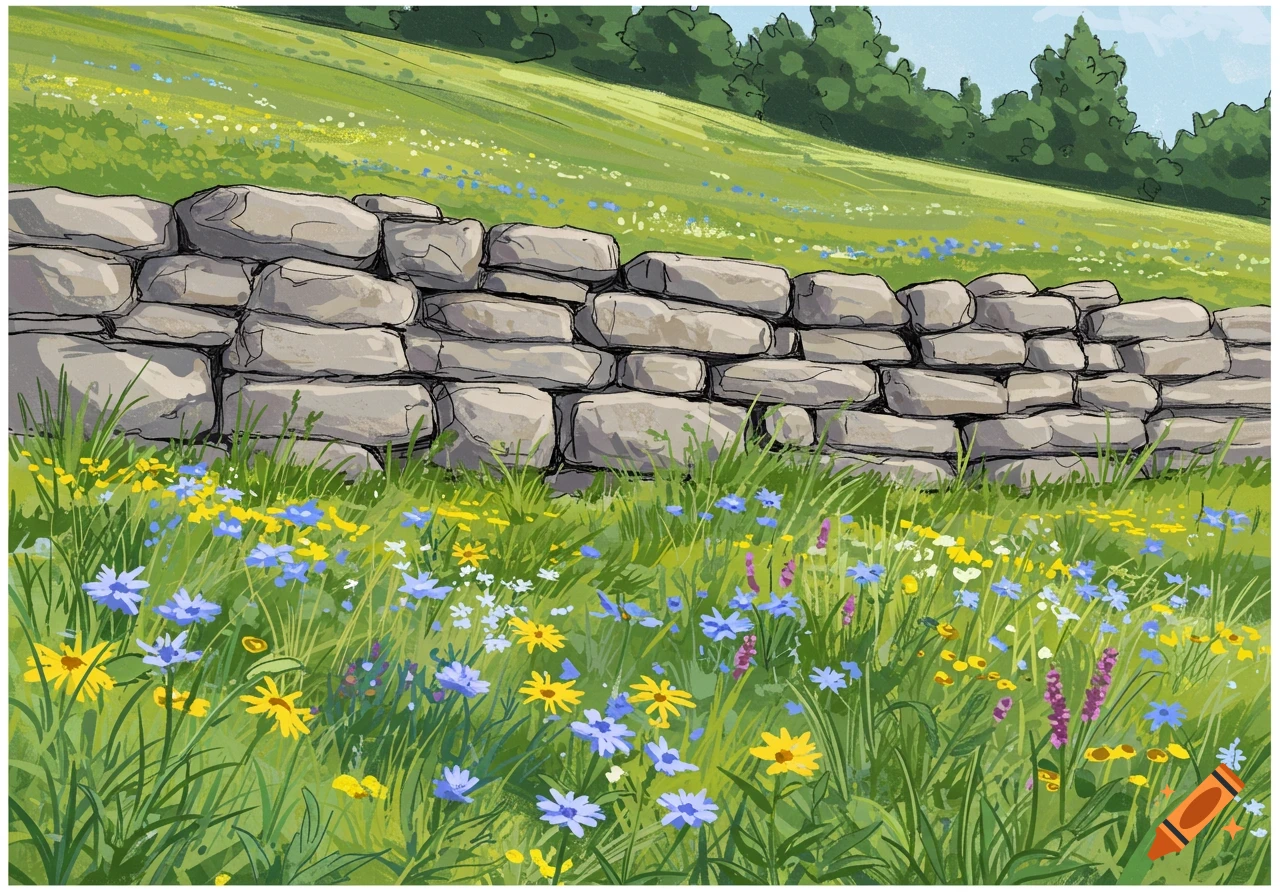 Graphic sketch of a stone wall in a meadow with colorful wildflowers ...