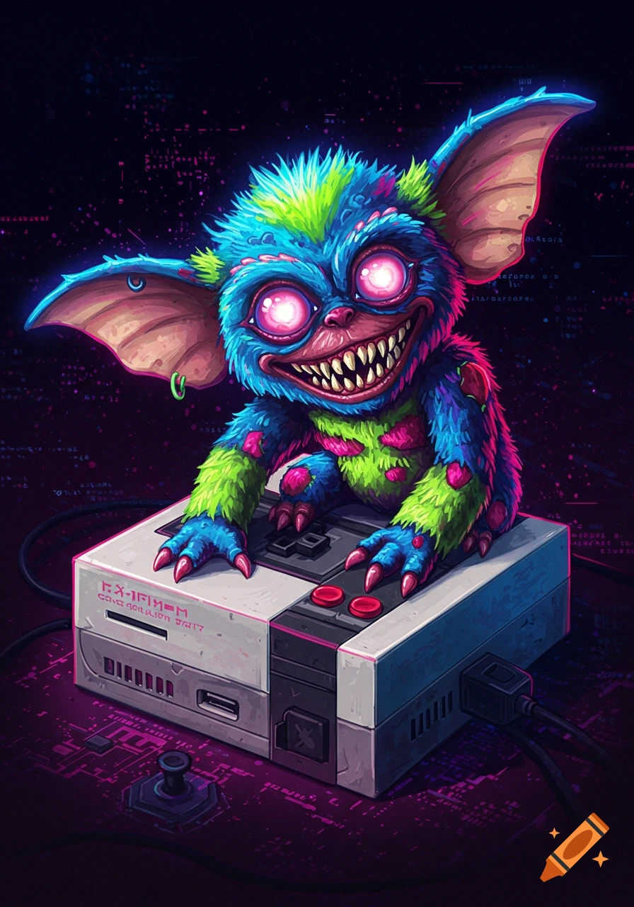 A colorful, stylized gremlin playing a retro game console in a neon digital art style. on Craiyon