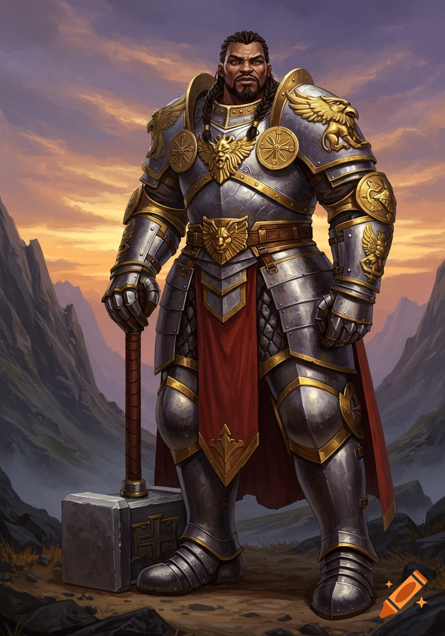 A large male paladin in detailed fantasy armor stands holding a hammer ...