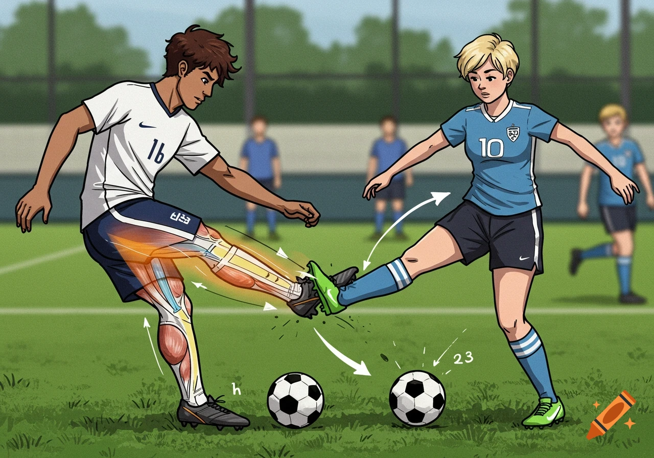 Illustration of two soccer players on a field, one kicking a ball with ...