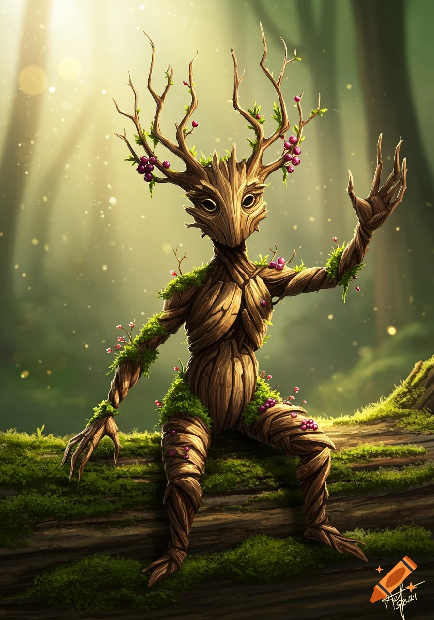 A fantasy creature made of wood and moss sits on a log in a forest. on ...