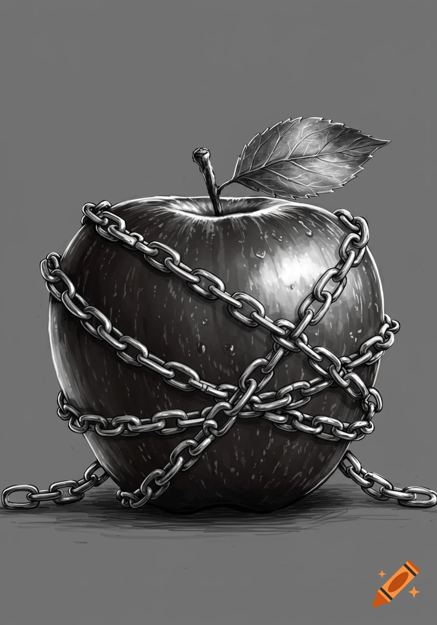 Black and white drawing of an apple tightly wrapped in metal chains. on ...