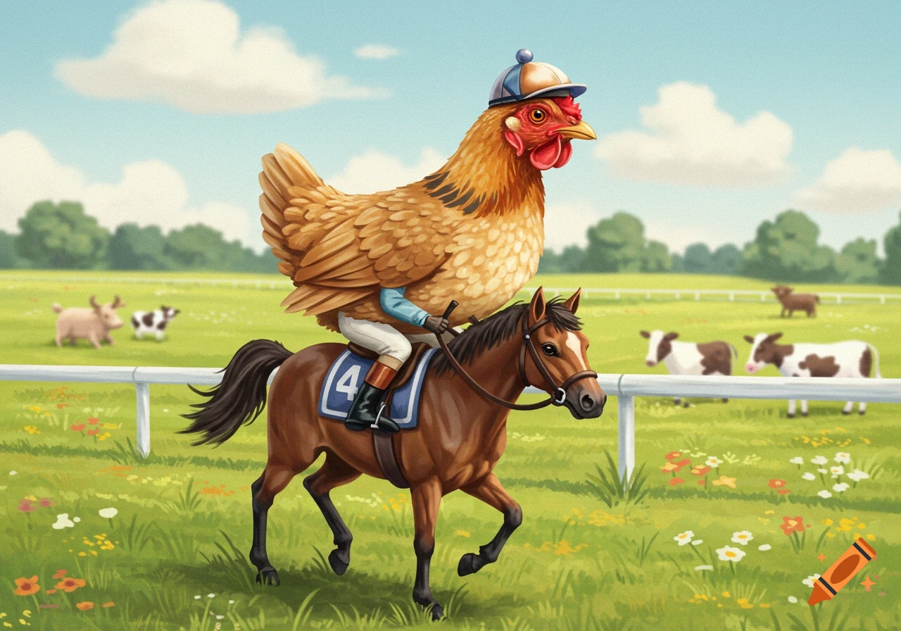 A chicken in a jockey cap rides a horse on a grassy race track in an ...