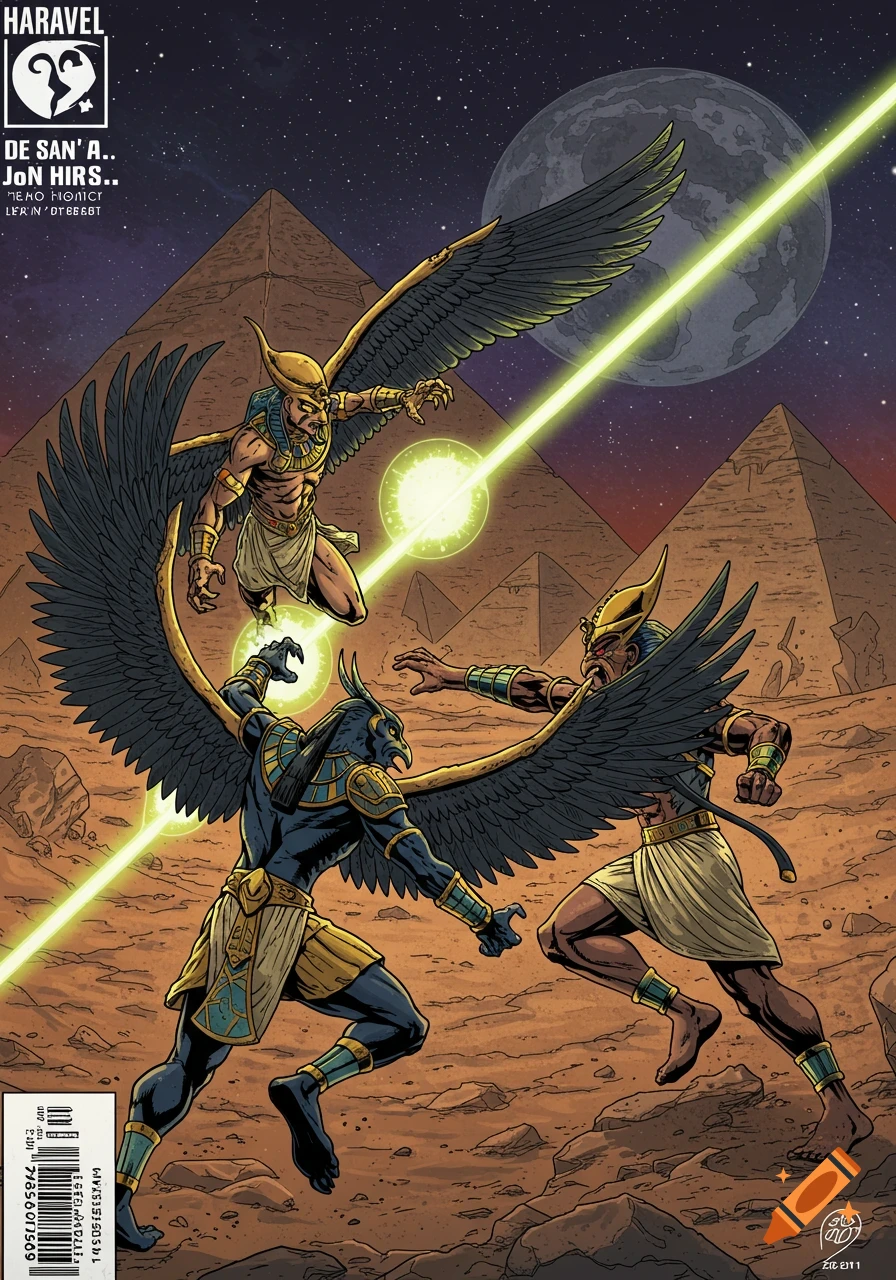 Egyptian gods Horus and Set battle in a desert with pyramids under a ...