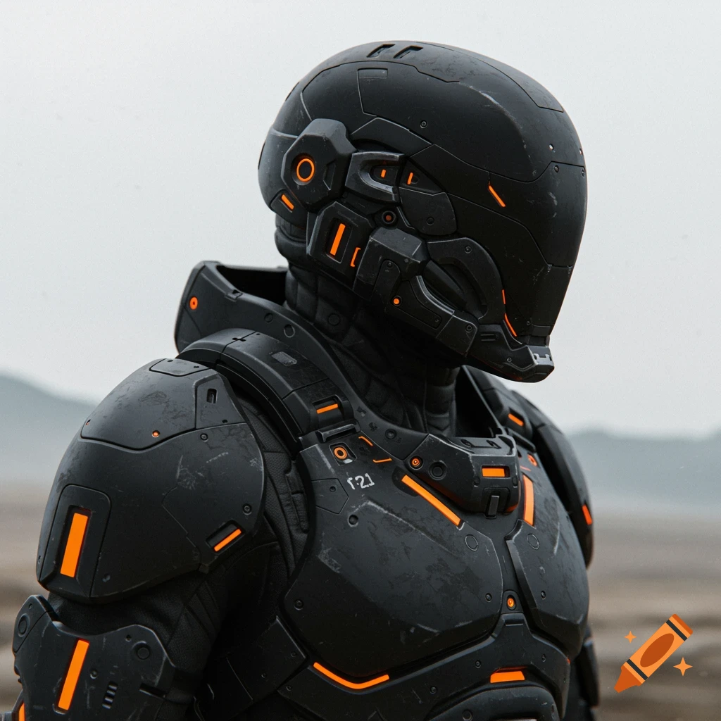 Close-up of a sci-fi soldier in black and orange armor, facing left ...