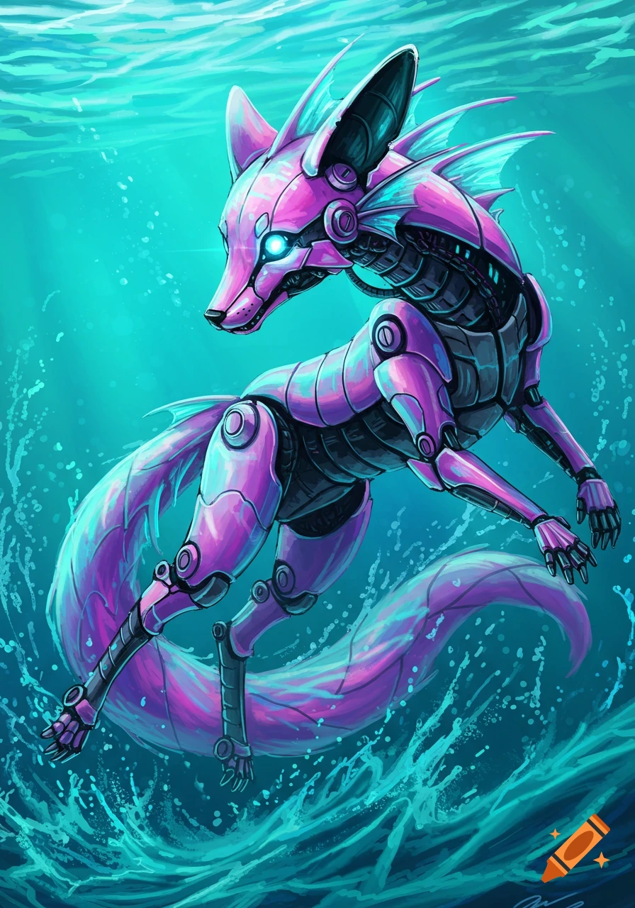 A purple metallic robot fox swims underwater. on Craiyon