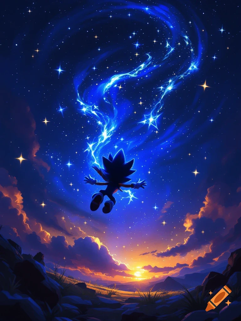 A silhouette of a character resembling Sonic floats through a starry ...