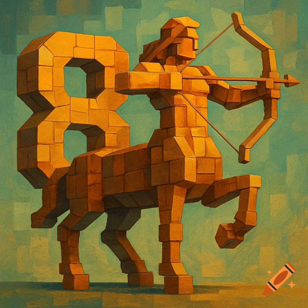 Blocky sculpture of a centaur with the number eight integrated. on Craiyon