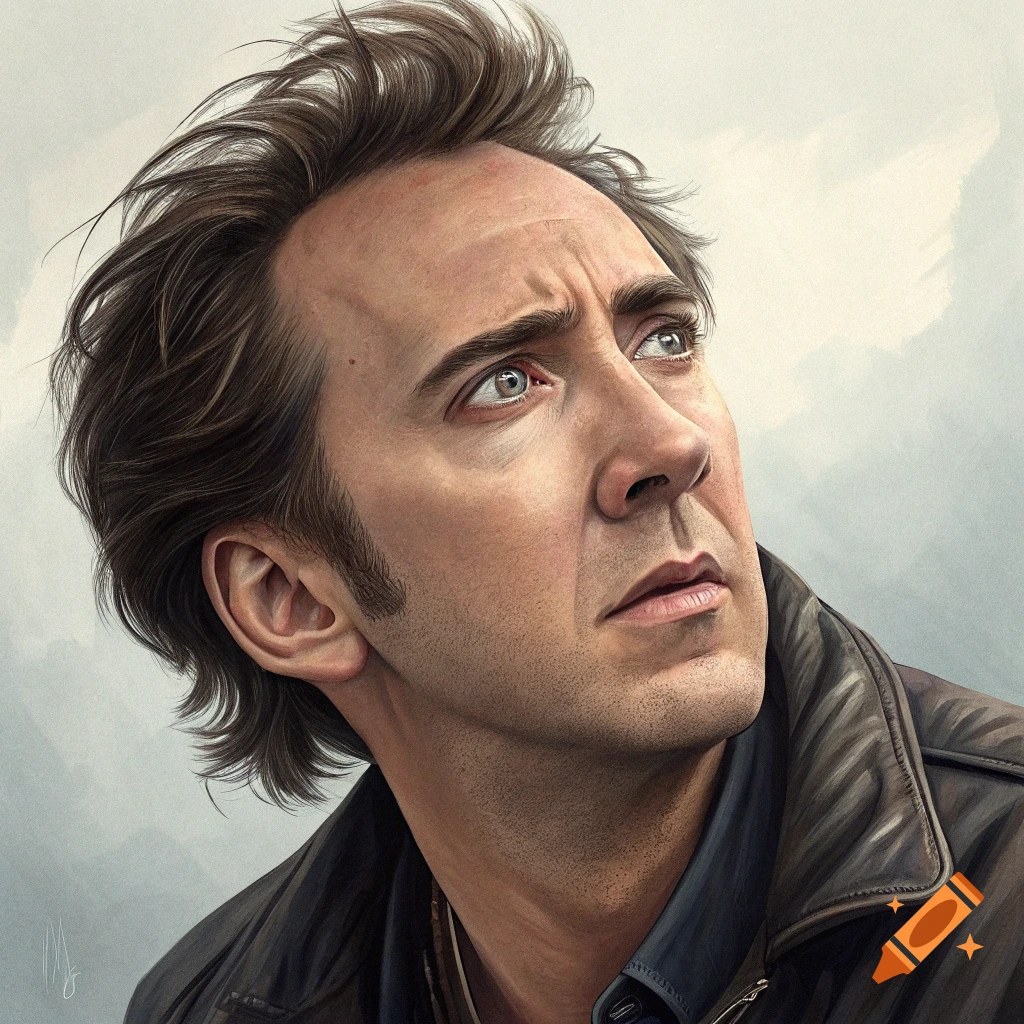 Realistic portrait of Nicolas Cage looking up while wearing a leather ...