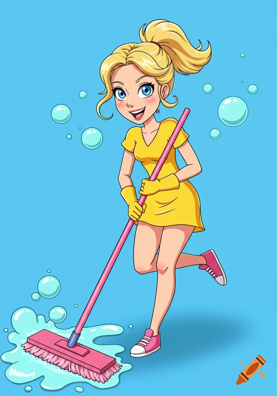 Cartoon blonde woman cleaning with a mop and bubbles. on Craiyon