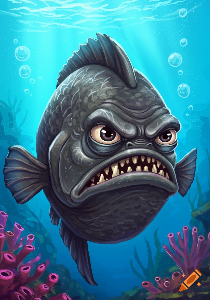 Cartoon illustration of a grumpy fish swimming underwater near coral ...