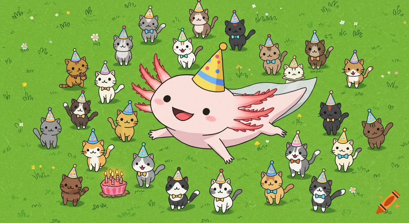 Cute cartoon axolotl and cats celebrating a birthday in a grassy field ...