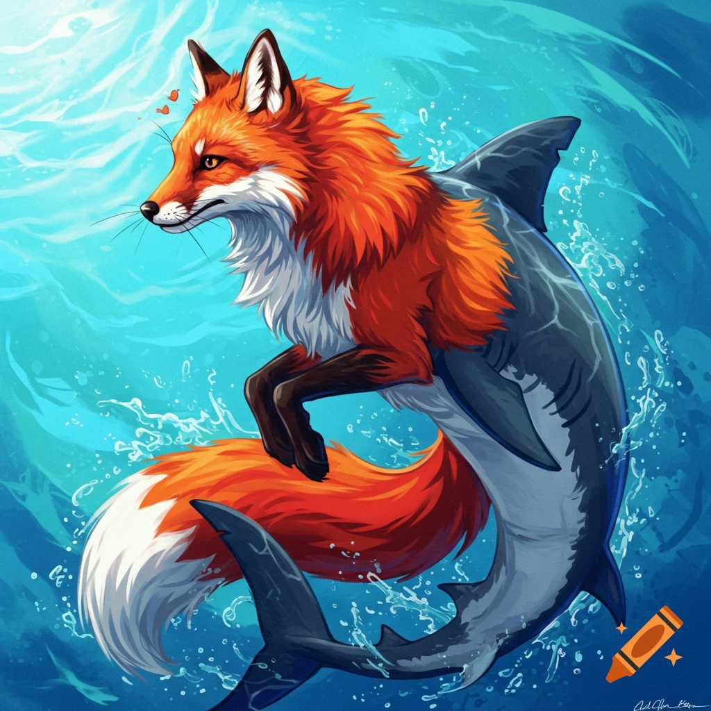Illustration of a fox-shark hybrid creature swimming underwater. on Craiyon