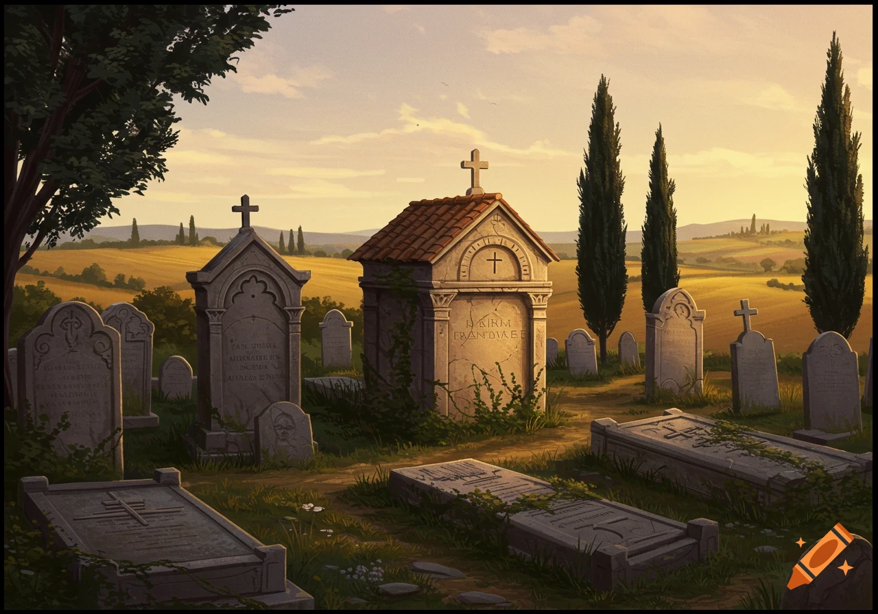 A graveyard at sunset in a field with tombstones, a mausoleum, trees ...
