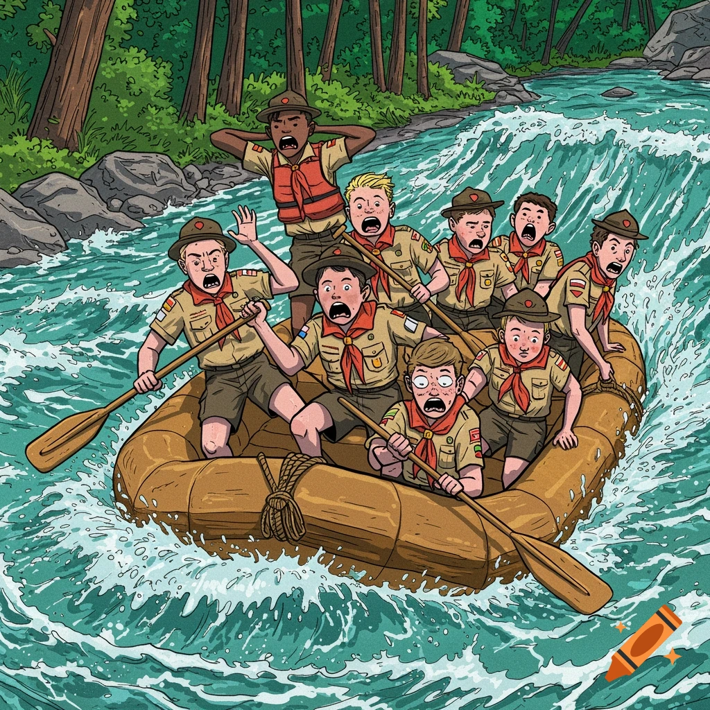 Cartoon illustration of scared boy scouts screaming while rafting down ...