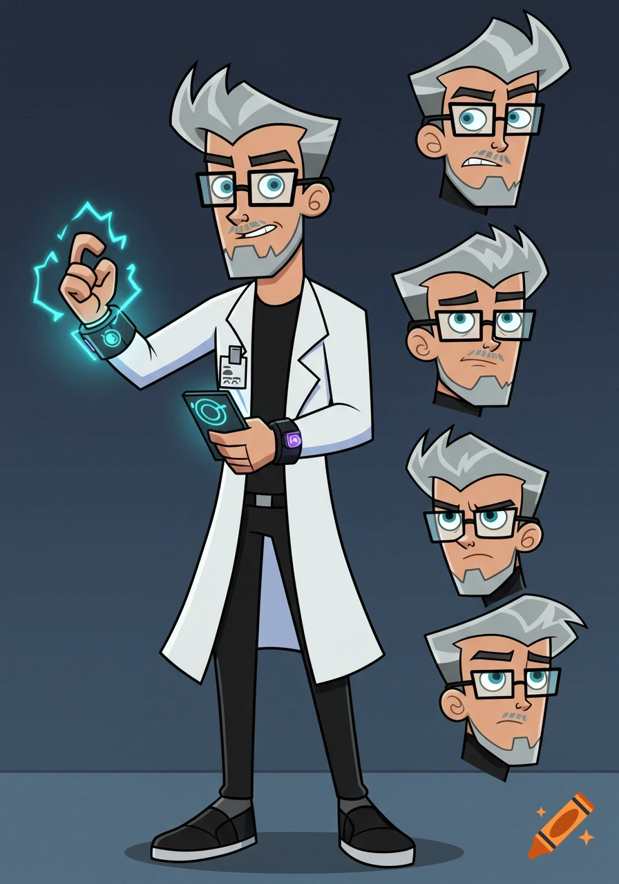 Cartoon scientist in lab coat with glowing tech, holding a tablet, in ...