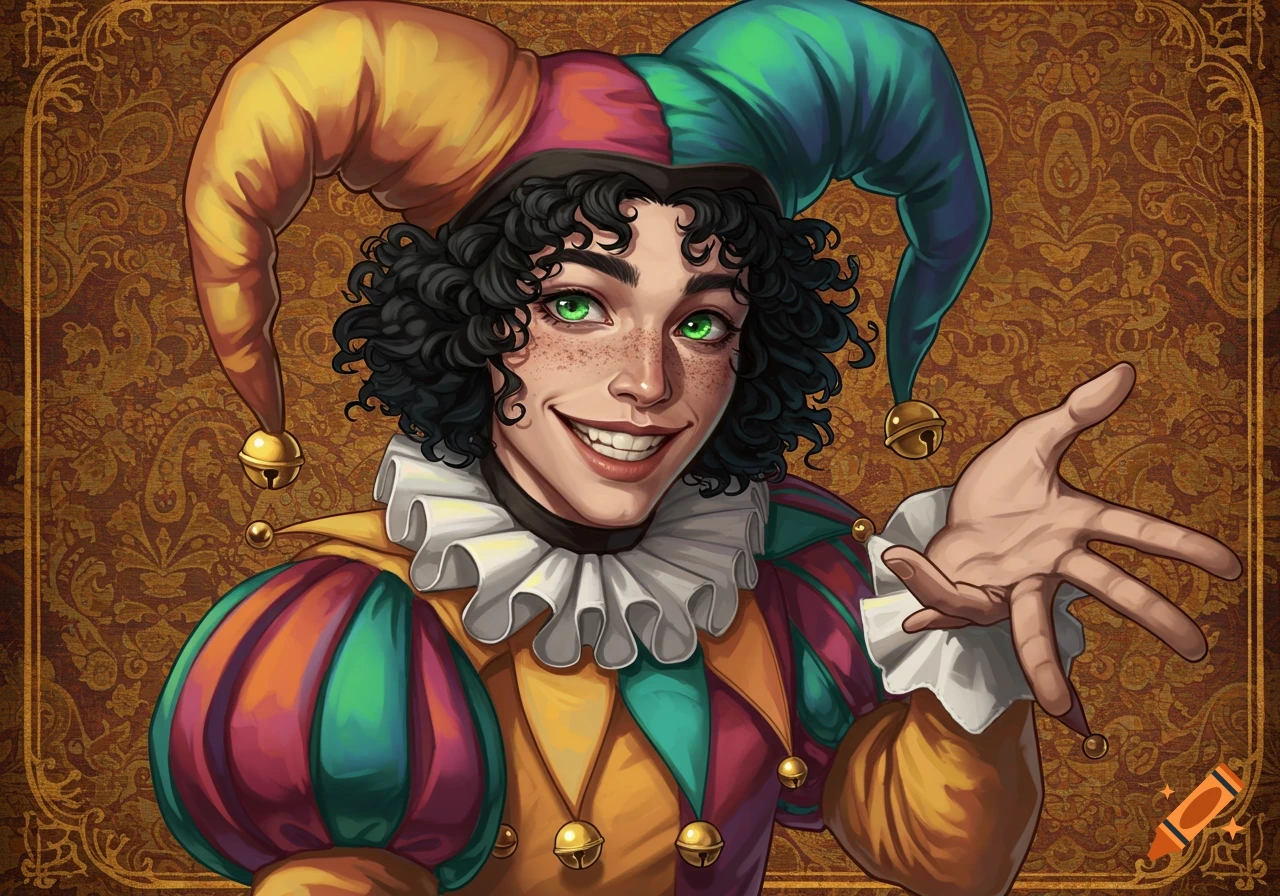 Illustration of a smiling court jester with curly hair, green eyes ...