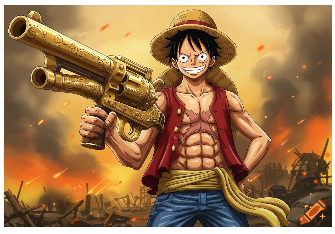 Anime character resembling Luffy holding a large golden gun on a ...