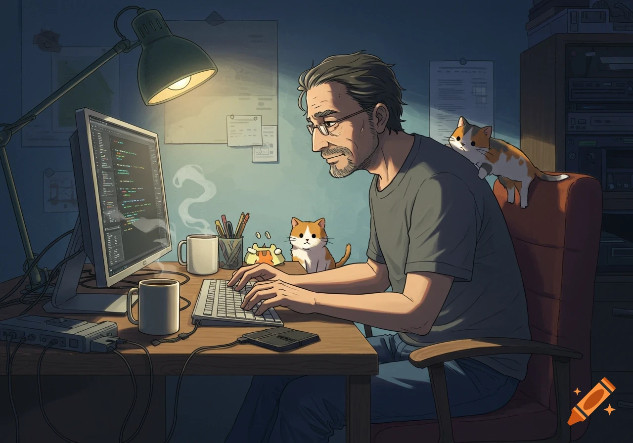 Anime style image of a programmer working at a computer with two cats ...