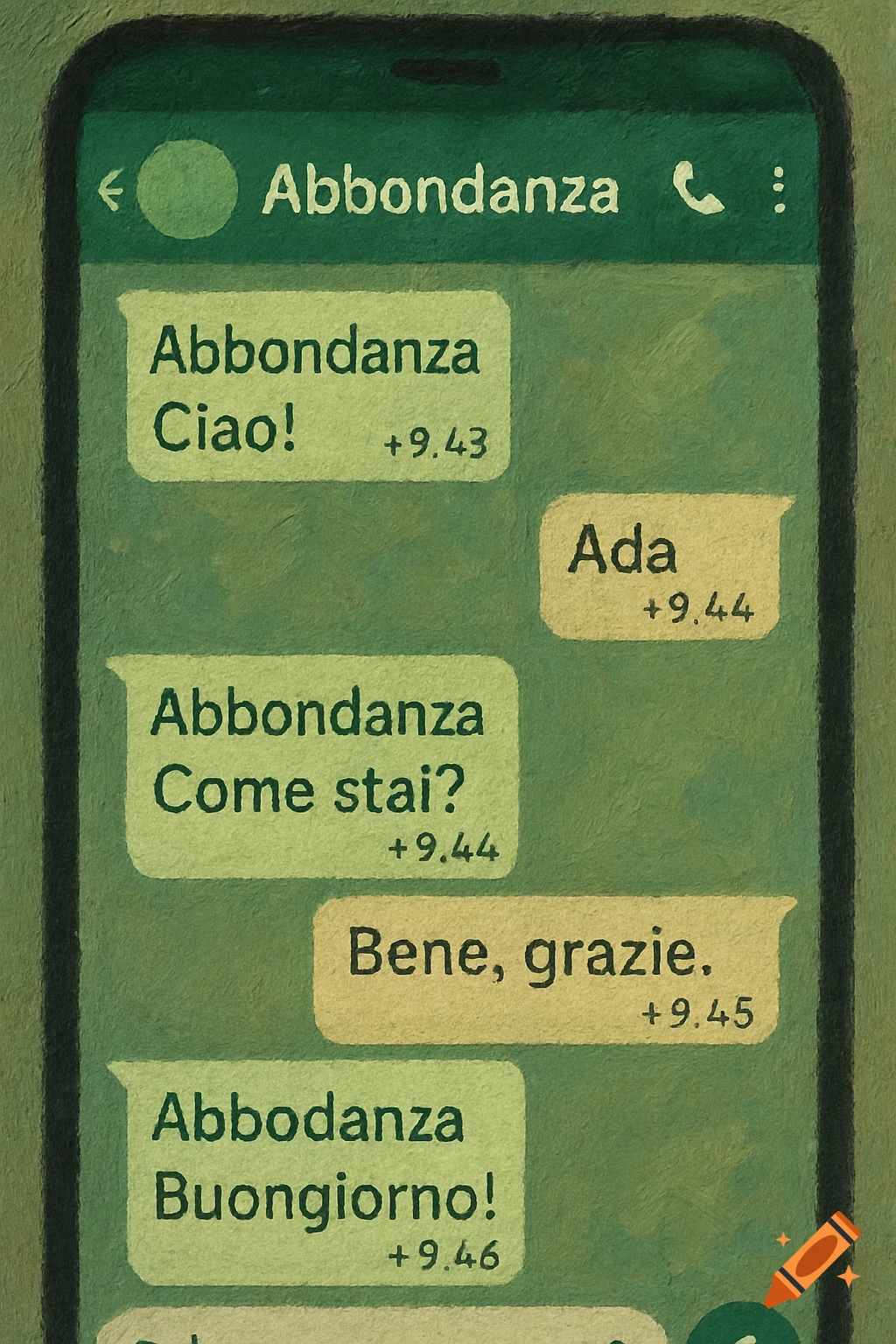 A close-up painting of a phone screen displaying a chat conversation. on Craiyon